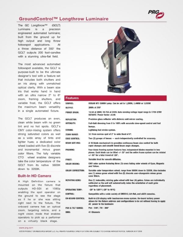 PRG Proprietary: "GroundControl™ Longthrow Luminaire" - PRG Gear